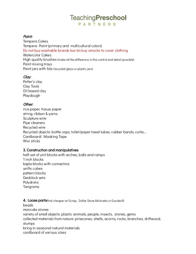 Suggested Classroom Materials List - Teaching Preschool Partners